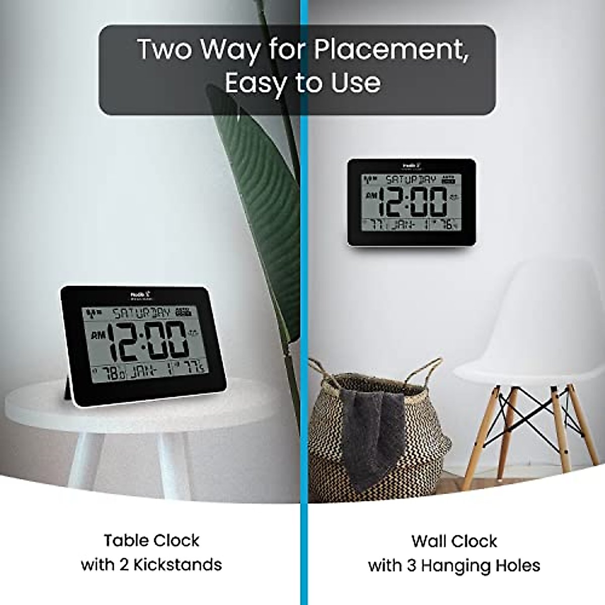 HODIK Atomic Clock with Indoor Outdoor Temperature Wireless, Large 11.4 Inch LCD Display for Easy Reading, Self-Setting Battery Powered Table Clock or Wall Clock with High Precision Sensor