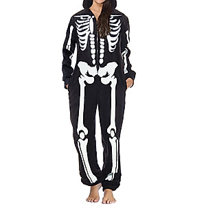 CYCLAMEN Skeleton Halloween Costume for Adults Couples Skeleton Onesie Jumpsuit Pajamas with Hood Family, for Women, S