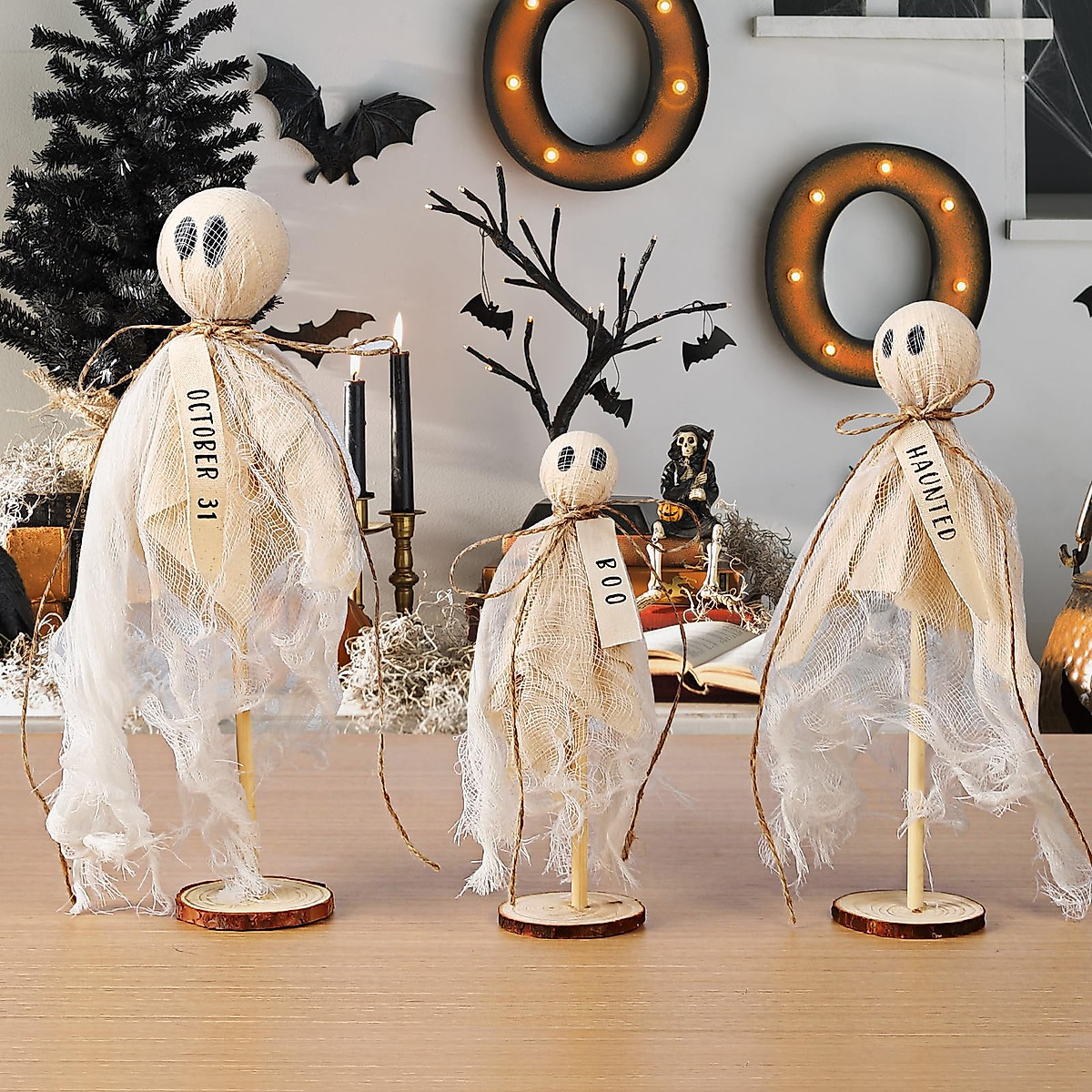 AMDBHC Halloween Decorations Indoor - 3 Set of Primitive Halloween Ghosts on Wooden Stand Spooky Halloween Ghosts Decor for Table Centerpieces Tiered Trays Shelves Mantels Home Halloween Décor