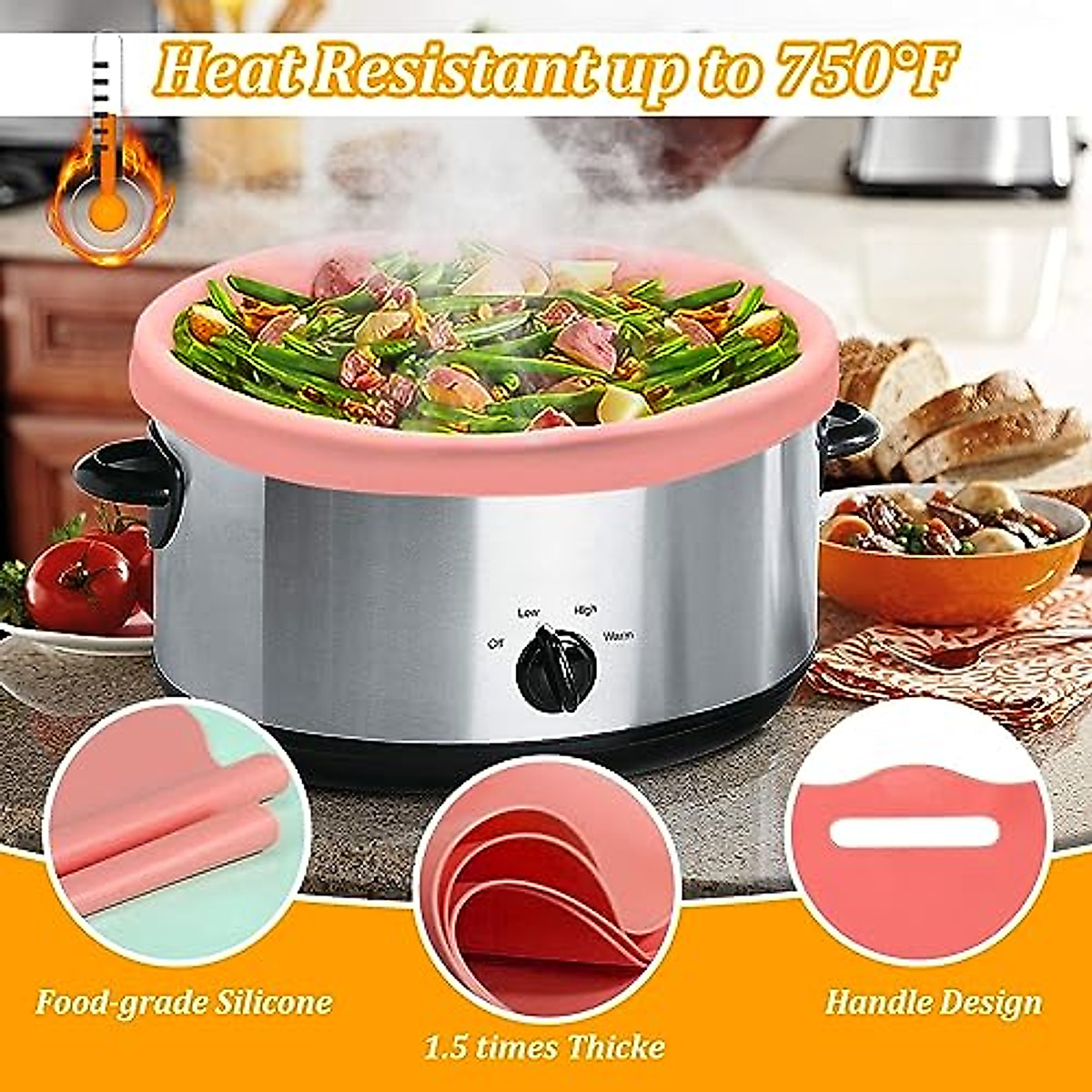 Dexspoeny Silicone (for Crock-Pots) Liner, Instead of Disposable Liner Reusable Leakproof & BPA Free Slow Cooker Liners Fits 6-7 Quarts (Crock Pots) Cooking Bags for Oval Pots Pink and Gray