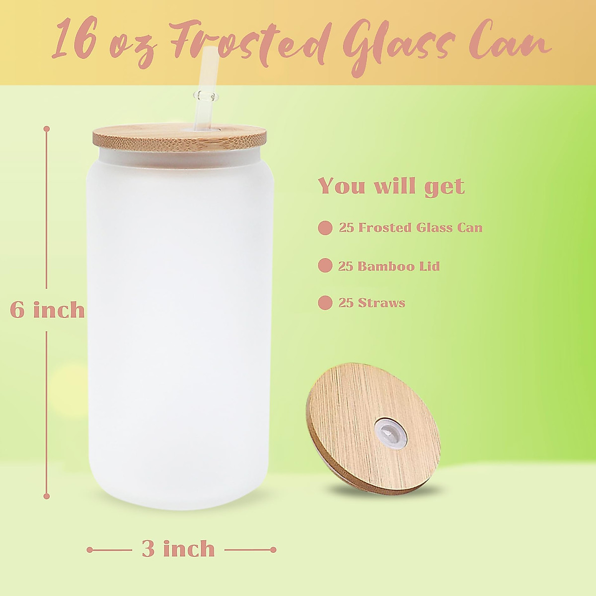 VEVELU 25 Pack Frosted Glass Cups with Lids and Straws 16oz Frosted Sublimation Glass Cups Can Blanks Tumbler Glass Sublimation Cups with Bamboo Lid Beer Can Glass Iced Coffee Cups Drinking Juice Jars
