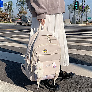 Kawaii School Backpack for Teen Girls Aesthetic Cute Adorable Back to School with Cute Pin and Bear Accessories(Off-White)