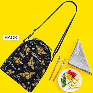 Naanle Golden Honey Bee Animal Lunch Bags for Women Men Youth Lunch Boxes Insulated Lunch Bag with Shoulder Strap Double Decker Dual Compartment Waterproof Reusable Lightweight tote bag