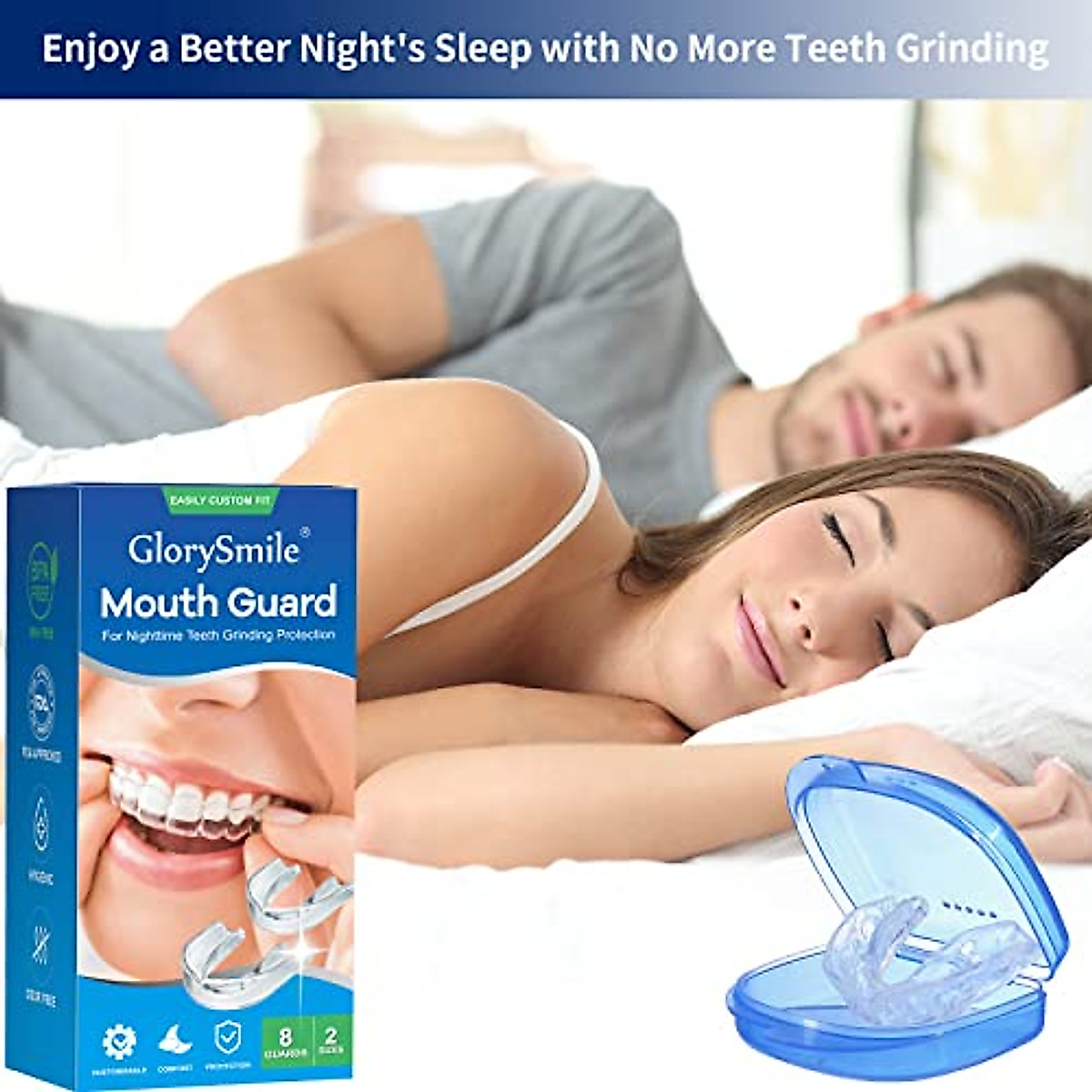 GlorySmile Mouth Guard for Clenching Teeth at Night, Upgraded Night Guards for Teeth Grinding, Pack of 8 Moldable Mouth Guard Stops Bruxism and Teeth Clenching 2 Sizes with Two Travel Cases