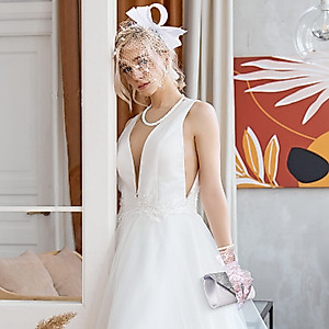 Estune 6 Pcs Tea Party Hat and Gloves Set for Women White Fascinator Hats Lace Gloves Pearl Jewelry Set Silver Clutch Purses for Evening Wedding Cocktail 1920s Costume Accessories Christmas Jewelry