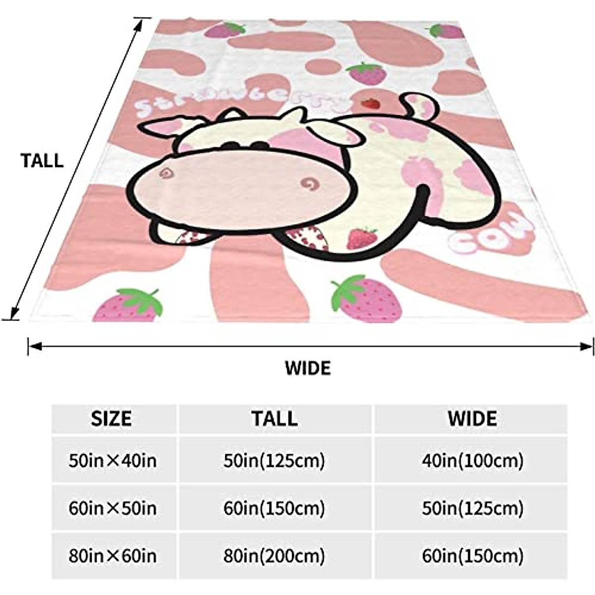 Strawberry Milk Cow Blanket Lightweight Flannel Fleece Cartoon Cute Animal Throw Blankets Soft Cozy Plush Microfiber All-Season Blanket for Bed/Couch/Sofa-50 x40 in