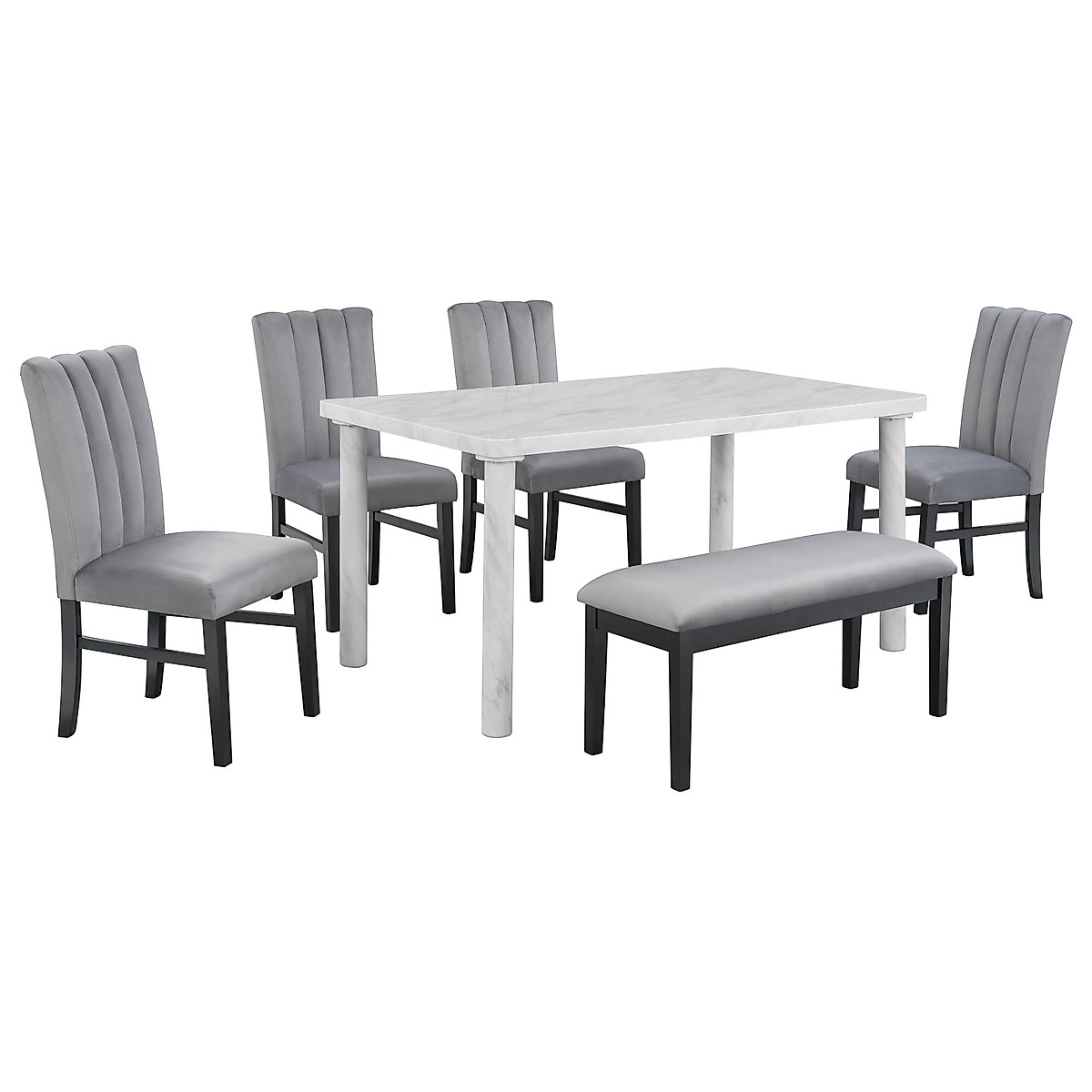 BIADNBZ Set for 6 with Marble Veneer Table and 4 Flannelette Upholstered Dining Chairs & Bench for Home&Kitchen, White+Gray