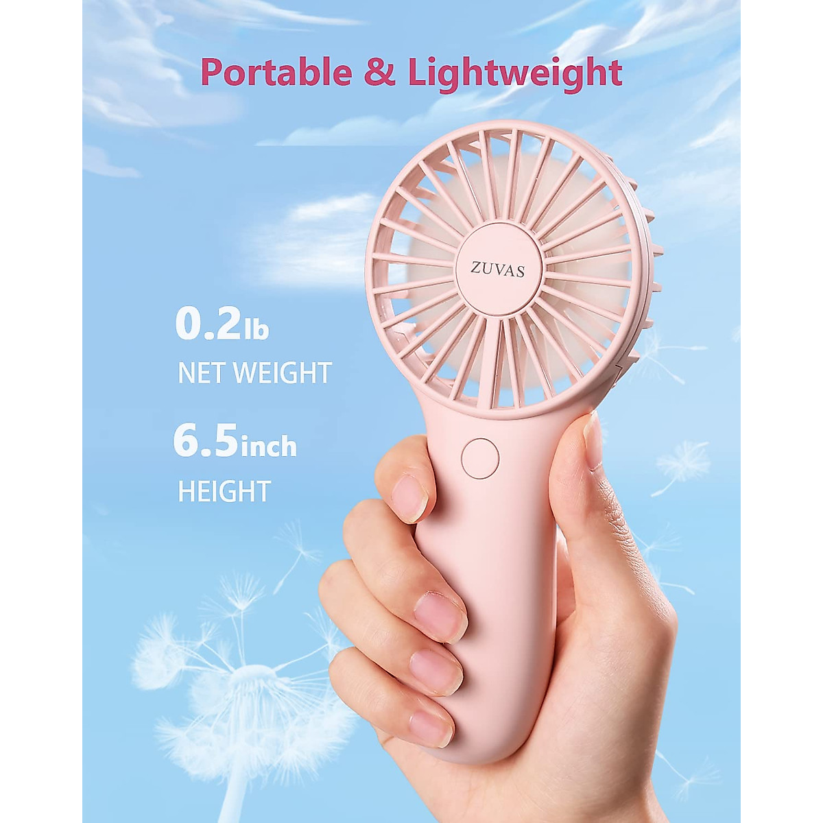 Zuvas Mini Handheld Fan 2600mAh Battery Operated Rechargeable Fan 3 Speed USB Powered Electric Fan Powerful Personal Fan Small Portable Travel Fan for Outdoor Indoor Makeup Eyelash with Lanyard, Pink