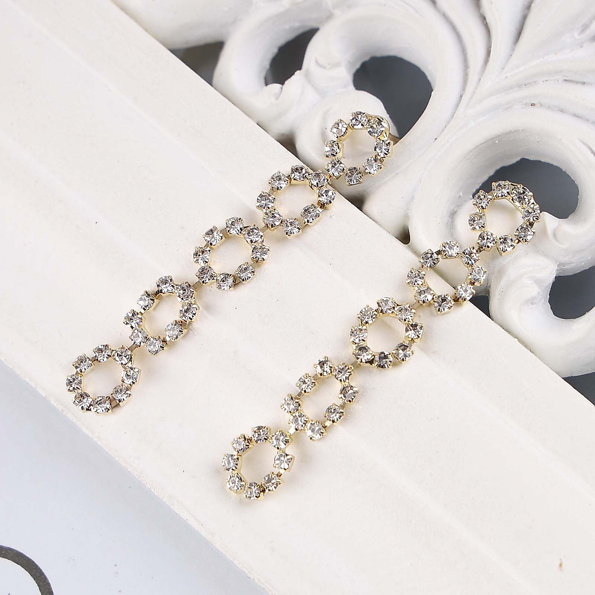 Sttiafay Vintage Crystal Square Drop Earrings Long Rhinestone Tassel Earrings Gold Hollow Square Dangle Earrings Sparkly Cz Bridal Stud Earrings Jewelry for Women and Girls