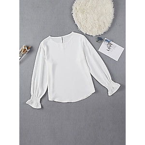 Dokotoo Womens Ladies Autumn Tops Bell Long Sleeve Tunic Top Round Neck Chiffon Ruffle Tops and Blouses for Women Fashion Casual Loose Shirts White X-Large