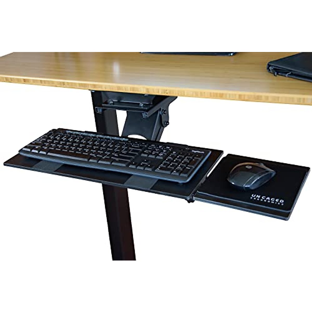 KT1 Ergonomic Under-Desk Computer Keyboard Tray adjustable height angle negative tilt sliding pull out platform swivels 360 slides office products furniture desktop accessories with mouse pad black