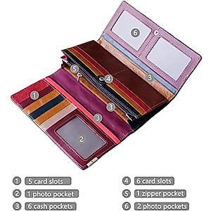 Aslana Women's Genuine Leather Wallet Patent Leather Retro Vintage Patchwork Embossed Flower Floral Wristlet Clutch Bag (Long, Long, Trifold Patent Leather Diamond)