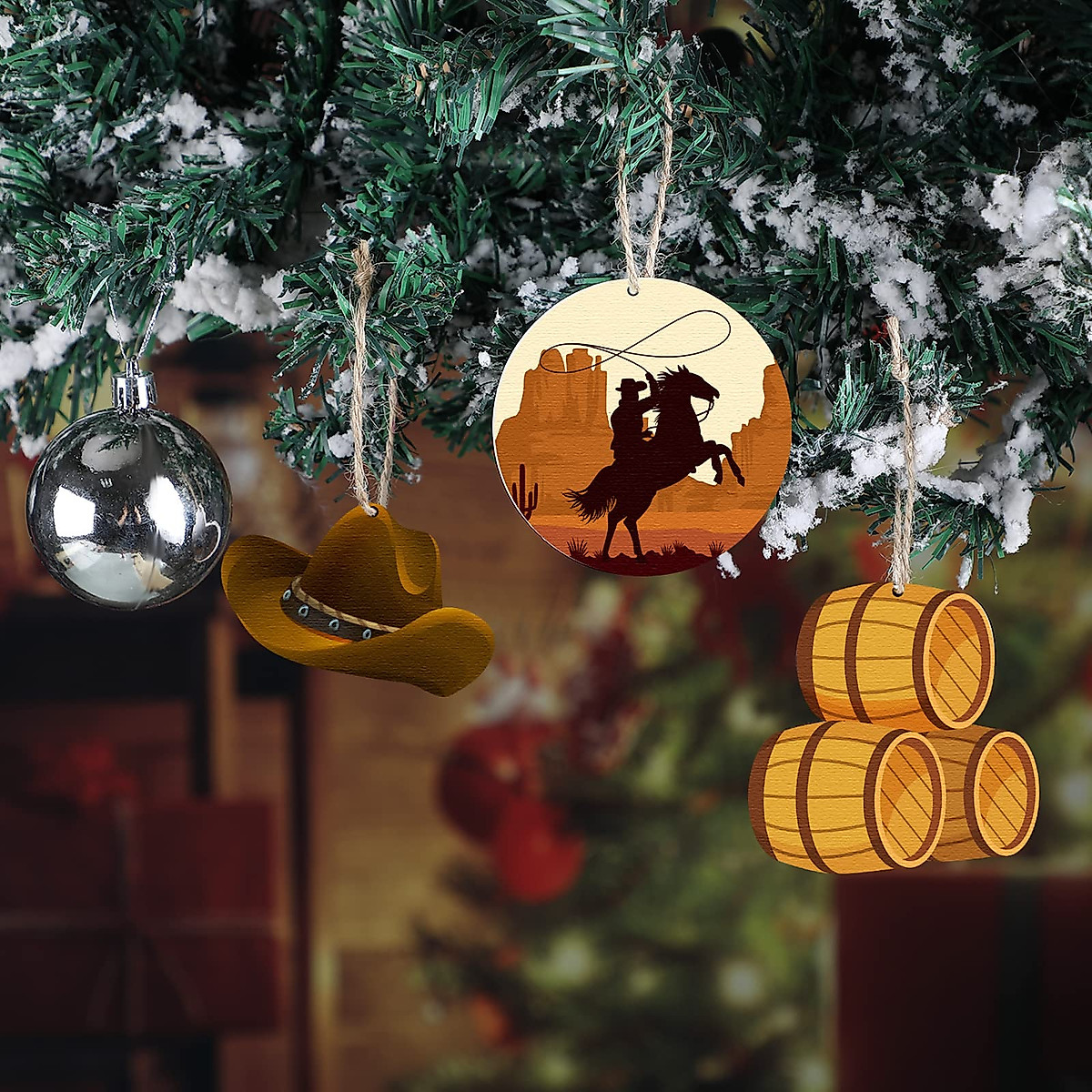 24 Pcs Christmas Western Cowboy Ornaments Wood Hanging Christmas Tree Ornaments Western Party Decorations Wooden Cowgirl Farm Hat Wild Boot Cow Horse for Xmas Tree Decoration