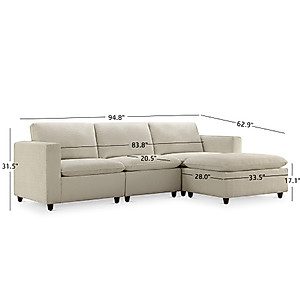 CHERS Sectional Couches for Living Room, 95" Cloud Modular Sectional Sofa with Ottoman, Modern Fabric Upholstered L Shaped Couch with Convertible Chaise, 3 Seater, Natural