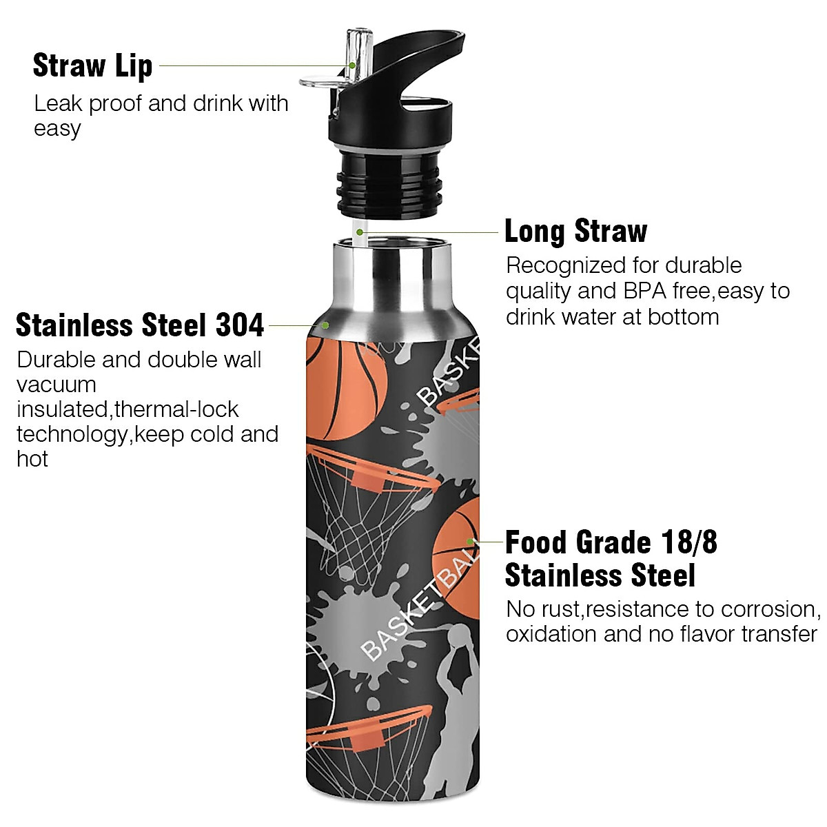 Basketball Football Sports Kids Water Bottle Thermos with Straw School Vacuum Insulated Stainless Steel Thermos Bottle Cup Leakproof Sport Travel Cup Mug Handle for Boys Man Women 20 OZ
