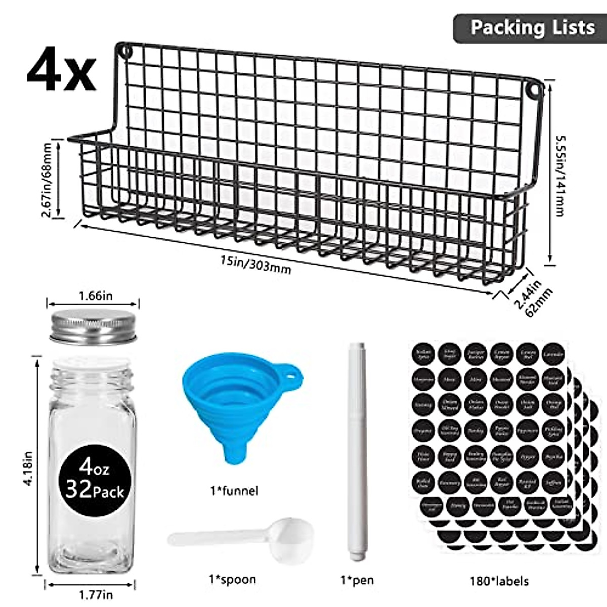 Hanging Spice Racks with Jars, 4-Tier Wall Mounted Metal Spice Racks with 32 Pcs 4oz Glass Spice Jars, Easy To Install Space Saving Organizer Shelf with Seasoning Bottles For Your Kitchen and Pantry
