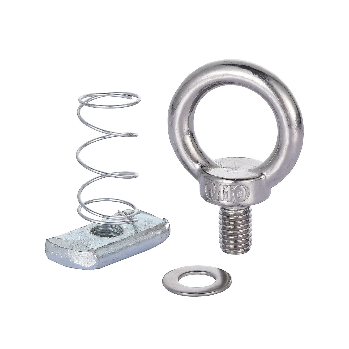 Strut Channel Nut and Eye Bolt Set - Heavy Duty Stainless Steel Eye Bolts M8, M10 | Zinc Plated Spring Nuts, Long Spring for Unistrut, M10, Pack of 4