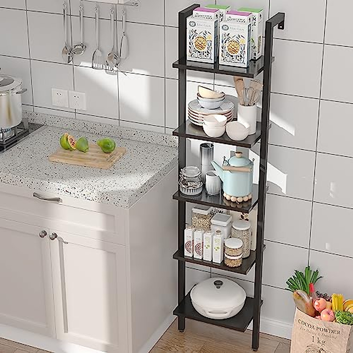 YMYNY 5 Tiers Narrow Ladder Bookcase, Industrial Wall Mounted Bookshelf, Open Display Rack with Metal Frame, Wooden Storage Shelves for Bedroom, Home Office, Living Room, Black, 70*17.3*11.8"UHBC015B