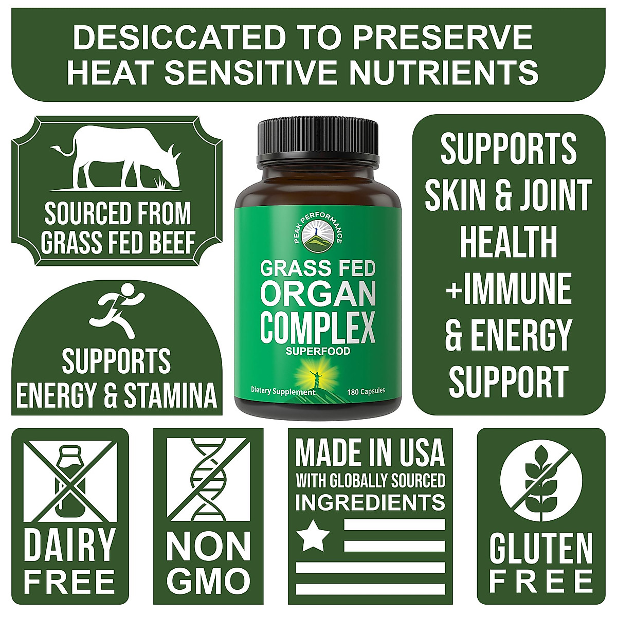 Peak Performance Grass Fed Beef Organ Complex from New Zealand (180 Capsules) Desiccated Organs Superfood Pills. GrassFed Beef Liver Capsules with Heart, Kidney, Pancreas, Spleen. Supplement