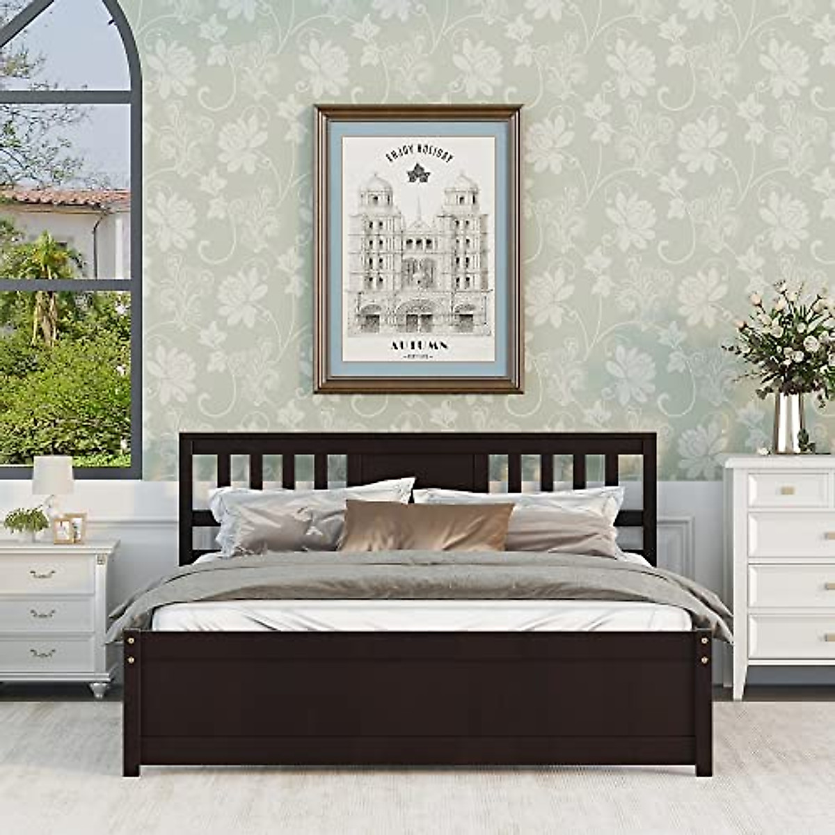 Prohon Queen Size Platform Bed Frame with Horizontal Strip Design Headboard, Strong Wooden Slat Support with Large Underbed Storage Space, Simple Style Bedframe for Kids, Teen, Adults, Espresso