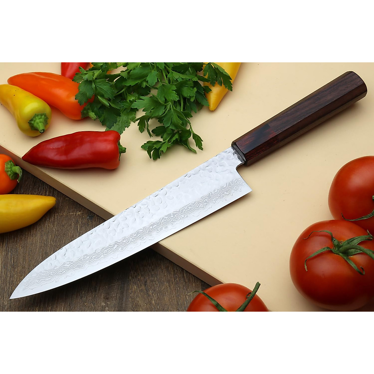 Yoshihiro VG10 46 Layers Hammered Damascus Gyuto Japanese Chefs Knife (Octagonal Shitan Rosewood Handle) (9.5" (240mm)