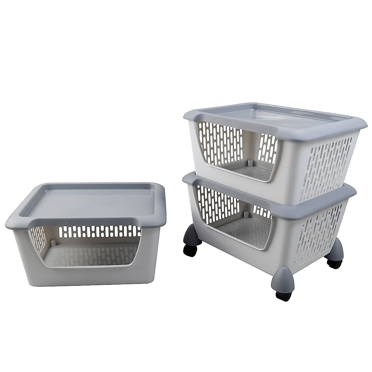 Vcansay 3 Packs Plastic Stacking Storage Basket, Large Stacking Bins with Wheels, Gray