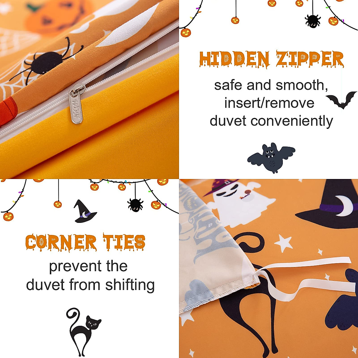 Luxudecor Halloween Duvet Cover Set King Size Pumpkin Bat Tombstone Witch Hat Cobweb Pattern Duvet Cover Orange Soft Microfiber Halloween Themes Bedding Set Kids Gift(3pcs, 104"x90")