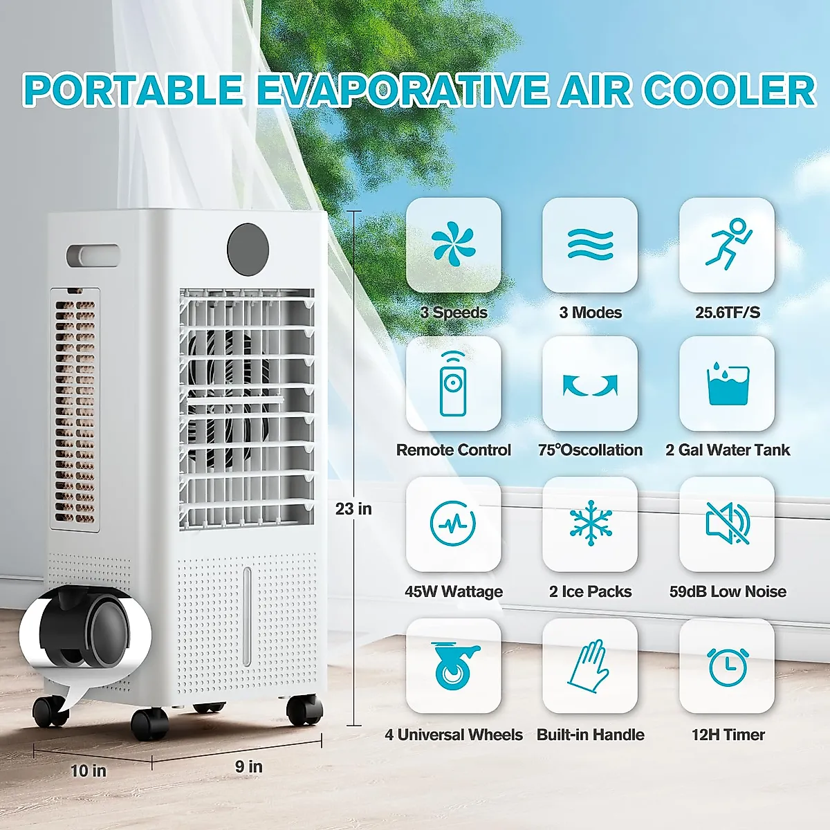 Windowless Portable Air Conditioner, 12H Timer & 2-Gal Tank, 3-IN-1 Portable AC Unit with Remote, 75°Oscillation, 3 Modes & 3 Speeds, Ultra-Quiet 24" Ventless Swamp Cooler for Room Home Office