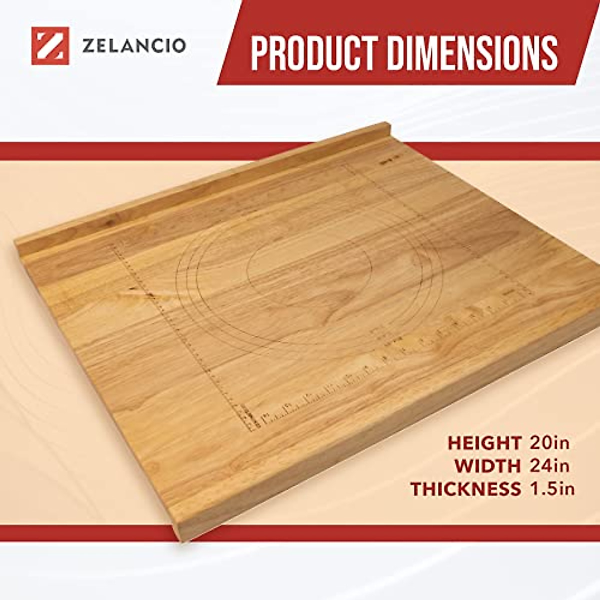 Zelancio Reversible Wooden Pastry Board - 24" x 20" Pastry Board with Engraved Ruler and Pie Board Template, Features Front and Back Counter Lip