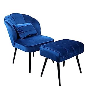 ECOMEX Velvet Accent Chair with Ottoman, Living Room Chair and Ottoman Set,Modern Lounge Chair with Footrest, Accent Chair with Foot Rest, Single Sofa Chair for Bedroom, Office, Hosting Room.(Blue)