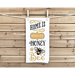 Honey Bee Kitchen Towels with Hanging Loop - Set of 5 100% Cotton Flour Sack Hand Towels - Home Decor Housewarming Hostess Mother's Day Gift for Bee Lover