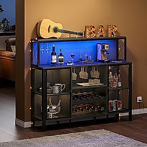 WASAGUN Liquor Cabinet Bar for Home, Wine Bar Cabinet with Rack and Holder, LED Bar Cabinet, Coffee Bar Cabinet with Storage, Liquor Alcohol Bar Cabinet, Grey