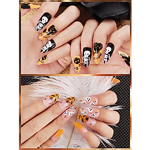 144PCS Halloween False Nails, Lorvain Halloween Artificial Nails Acrylic Full Cover Nails Fake Fingernails Press on Nails with 6PCS Nail Glue for Women Girls DIY Nail Art Salon Home (Almond)