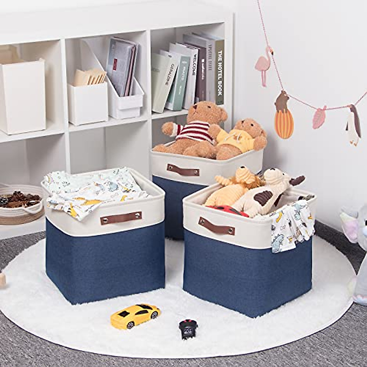 HNZIGE Baskets Fabric Storage Cubes Bins Baskets(3 Pack)Storage Baskets Cube for Shelf, Large Collapsible Organizer Closet Baskets,13x13 Toy Baskets with Leather Handle for Kids, Home, Clothes, Shelf(White&Blue)
