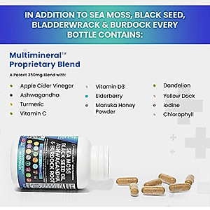 Sea Moss 3000mg Black Seed Oil 2000mg Ashwagandha 1000mg Turmeric 1000mg Bladderwrack 1000mg Burdock 1000mg & Vitamin C Vitamin D3 with Elderberry Manuka Dandelion Yellow Dock Iodine Chlorophyll ACV