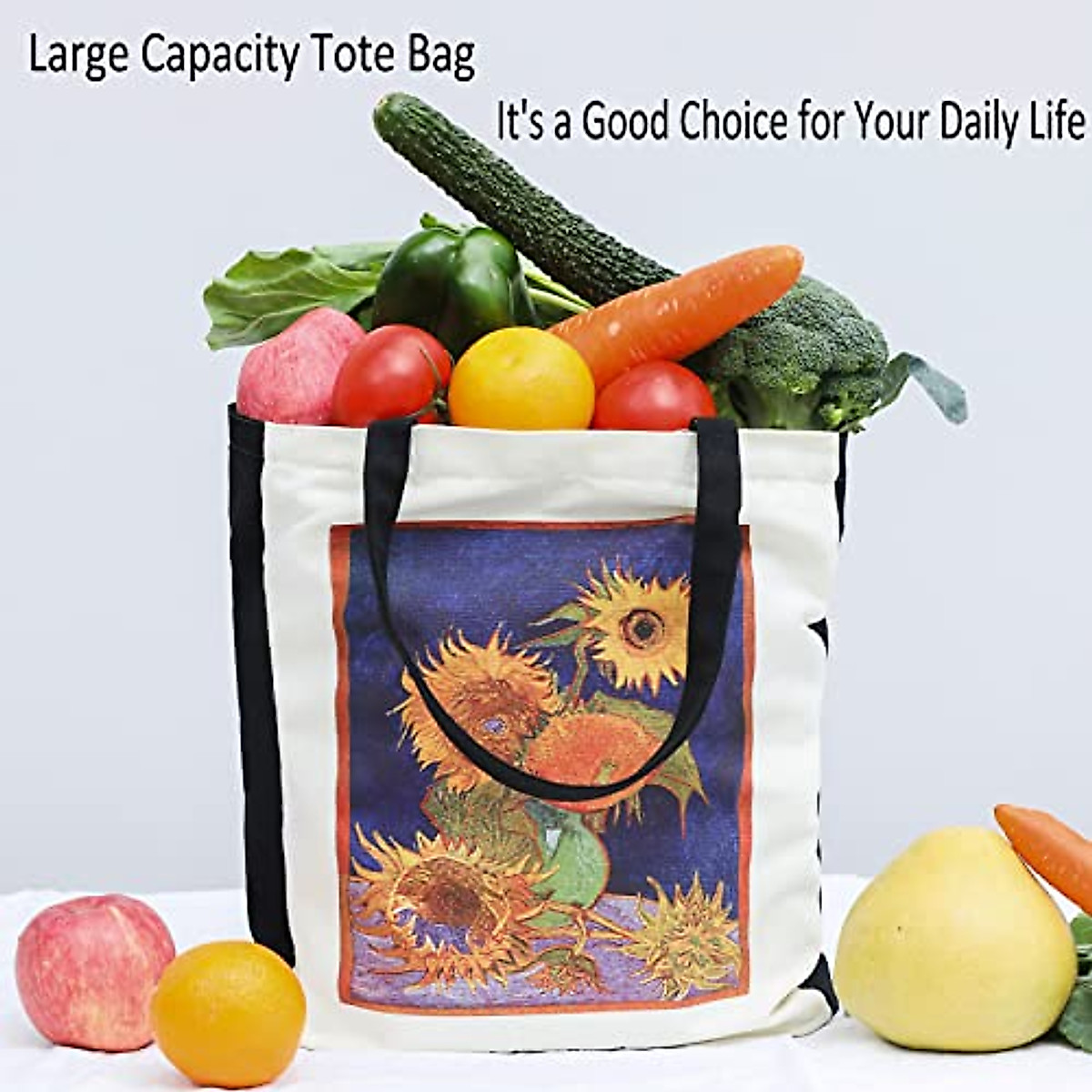 Sanmuci Canvas Tote Bag, Aesthetic Pattern Zipper Tote Bag, Reusable Oversized Plus Inside Pocket Grocery Bag, Supermarket, Beach, Van Gogh - Vase with Five Sunflowers