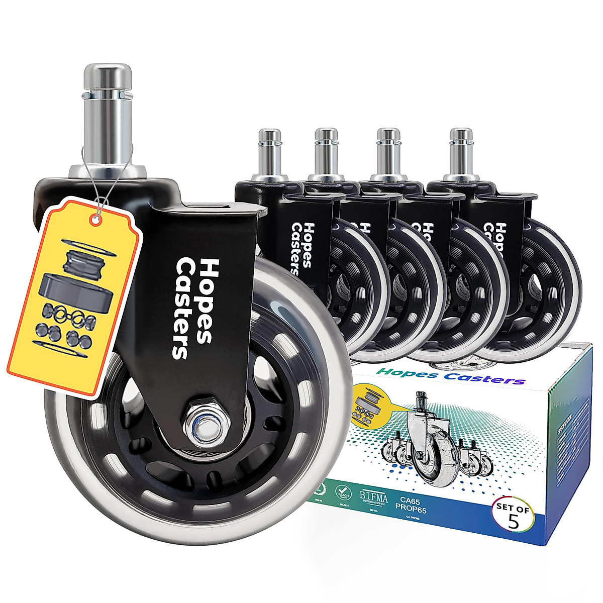 Office Chair Caster Wheels (Set of 5) - Heavy Duty & Safe for All Floors Including Hardwood - Perfect Replacement for Desk Floor Mat - Rollerblade Style w/Universal Fit