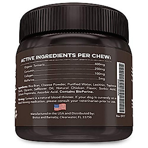 BRUTUS & BARNABY Turmeric for Dogs- Organic Turmeric with Curcumin, Soft Chews with Collagen and Bioprene Provides Hip and Joint Support Reduces Inflammation from Arthritis