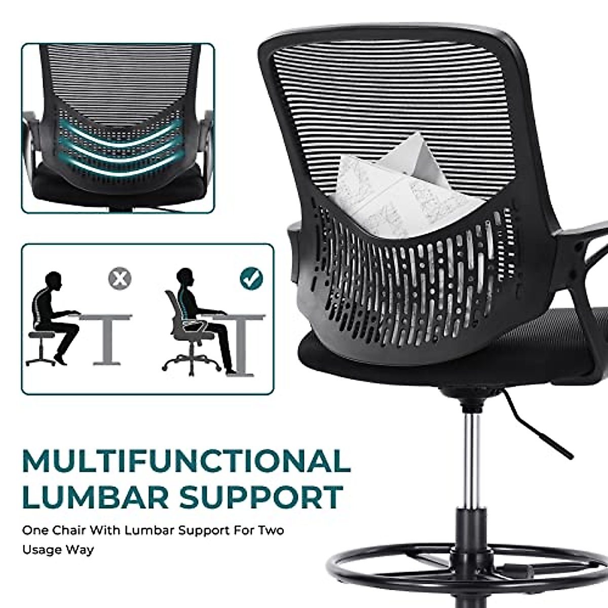 SMUG Tall Drafting, Standing, Counter Office, High Adjustable Ergonomic Mesh Computer Task Chairs with Lumbar Support, Armrests and Foot-Ring for Bar Height Desk, Black