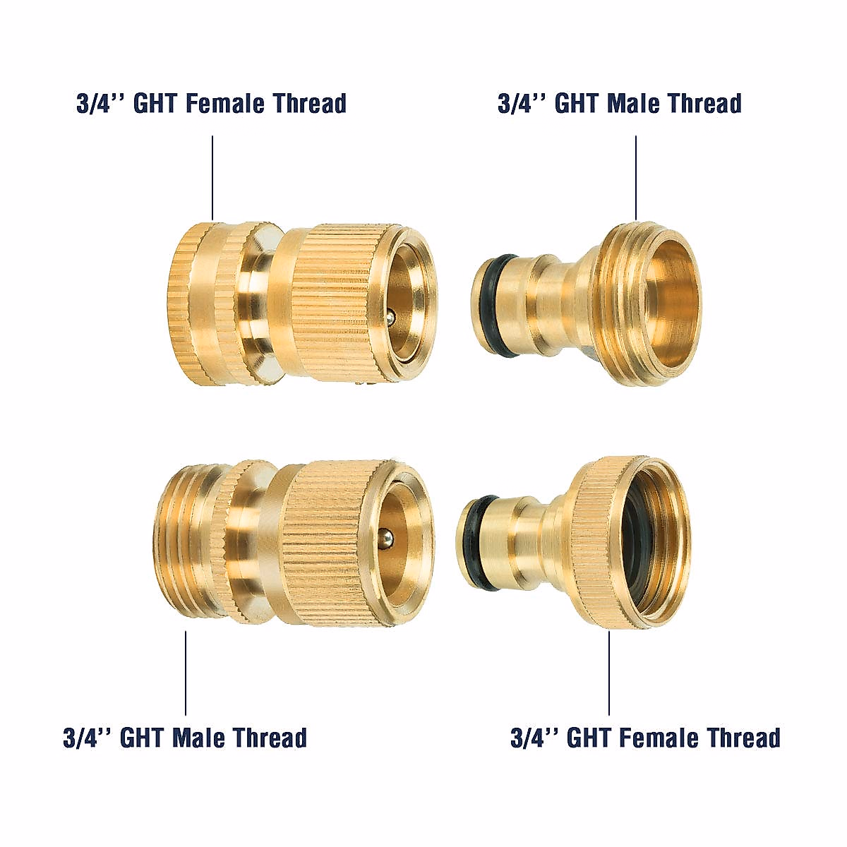 8PCS Garden Hose Quick Connector, 3/4 inch GHT Solid Brass Water Hose Thread Fittings, Easy Connect & Disconnect Adapters, Male and Female(2+2 Pairs)