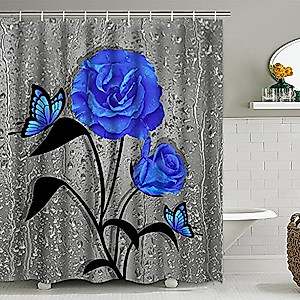 Alishomtll 4 Pcs Blue Rose Shower Curtain Sets with Non-Slip Rug, Toilet Lid Cover and Bath Mat, Butterfly Floral Shower Curtain with 12 Hooks, Waterproof Blue and Gray Shower Curtains for Bathroom