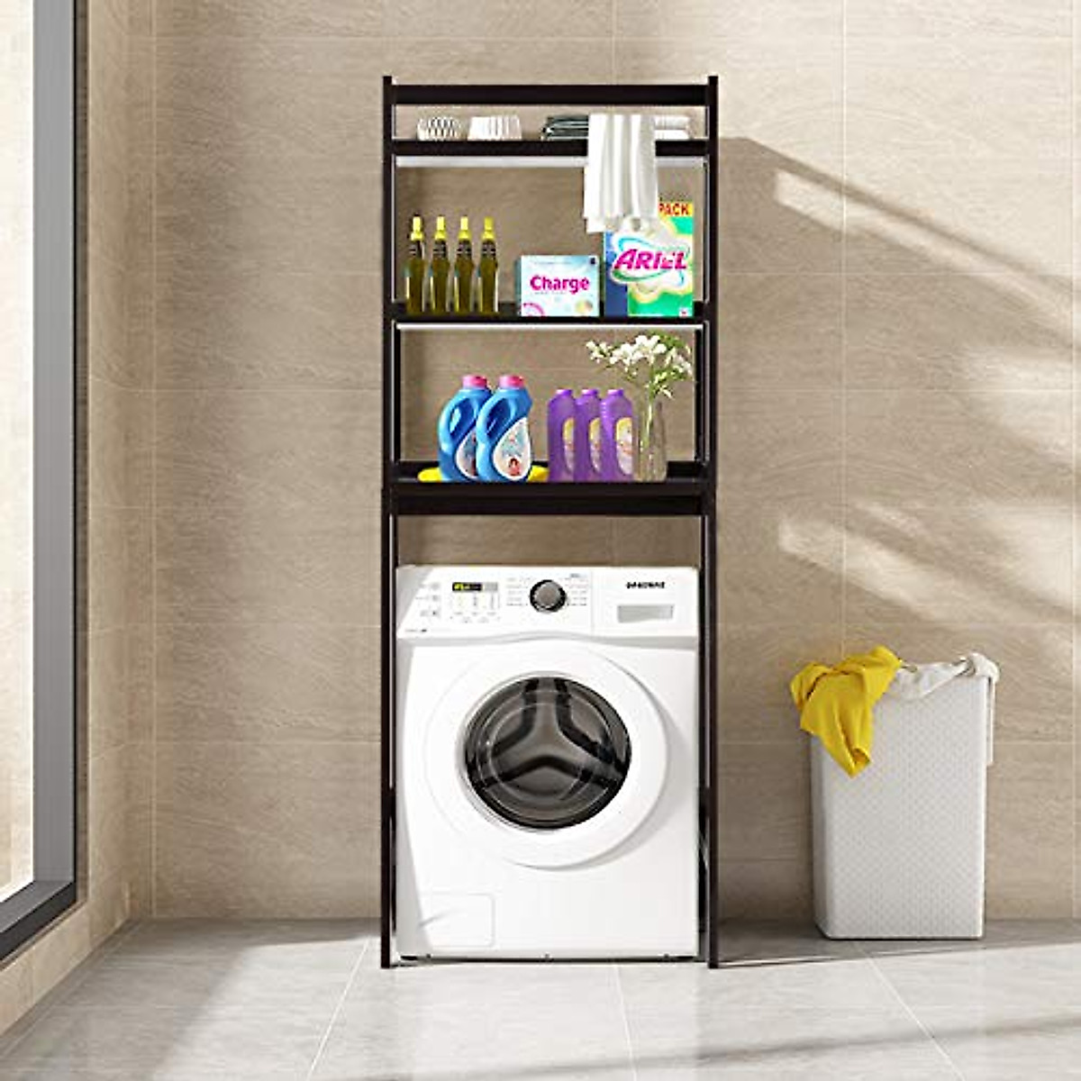 Tangkula Bathroom Space Saver, Over The Toilet Storage Rack, Free Standing 3-Shelf Bathroom Organizer, Multifunctional Bathroom Toilet Rack (Brown)