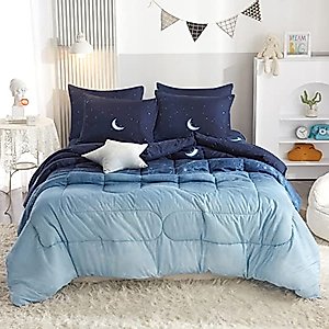 HYPREST Bed in A Bag Queen Comforter Set with Sheets - 7 Pieces Queen Teen Comforter Sets for Girls Boys, Monn Star Blue Bedding Comforter Sets Super Soft Lightweight Breathable(Oeko-Tex Certified)