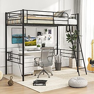 Giantex Twin Size Loft Bed, Metal Loft Bed Frame with Ladder & Safety Guardrail, Space-Saving Loft Bed with Ample Space Underneath, for Teens Junior and Adults, No Box Spring Need, Black