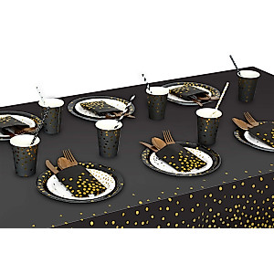 Gexolenu 4 Pack Black and Gold Disposable Plastic Tablecloth for Rectangle Tables(54" x 108"), Disposable Waterproof Party Table Cover for Birthday, Gold Table Cloths for 2023 Graduation Parties