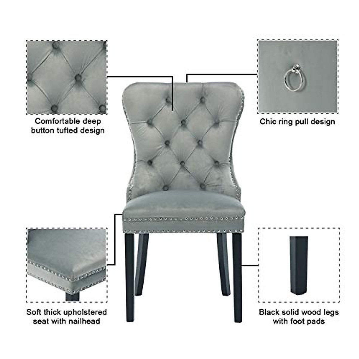 Guyou Upholstered Velvet Dining Chairs Set of 6, Dining Room Chairs Tufted Cushion Back Elegant Victoria Retro Accent Chairs with Solid Wood Legs for Living Room/Kitchen (Light Gray, with Ring)