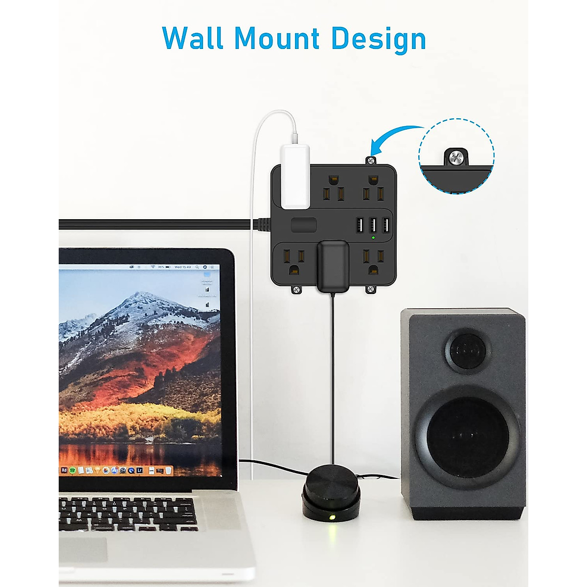 Flat Plug Power Strip, HEZI 6ft Flat Extension Cord, Surge Protector with 3 USB Ports & 6 Outlets Extender Slim Wall Mount Charging Station for Home Office Desk Black, with Plug