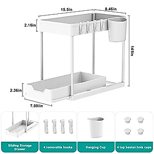 Teencci 2 Pack Under Sliding Sink Organizers & Storage,2 Tier Sliding Organizer Under Sink,Multipurpose Under Kitchen Sink Organizers & Storage w/ 8 Hooks & 2 Hanging Cups,White 2 pack (ST86W)