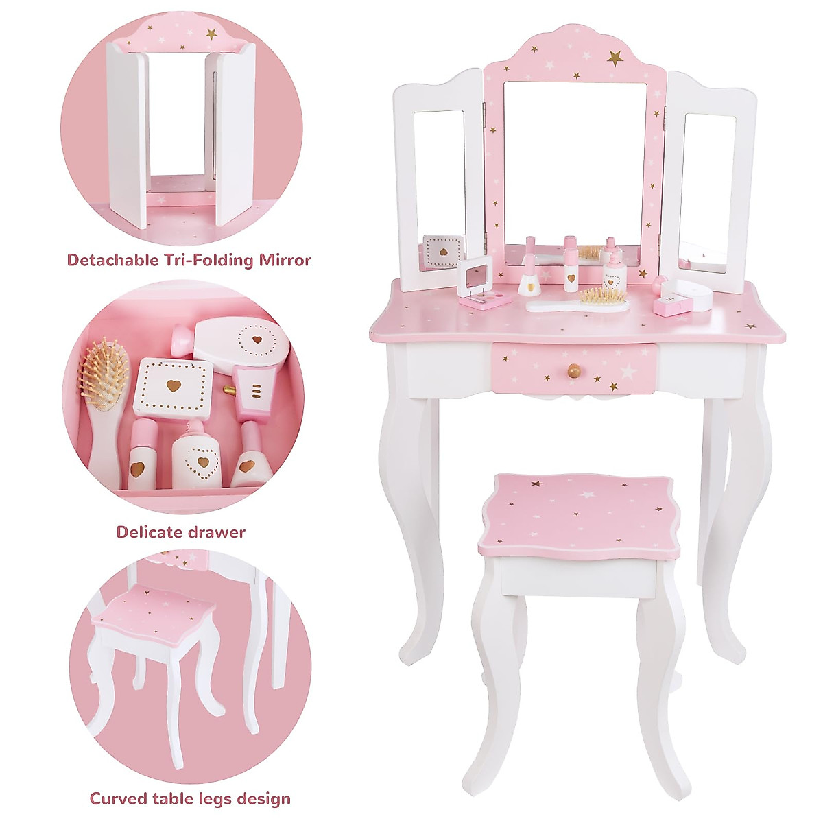Kids Wooden Play Vanity Set with Vanity Table and 6 pcs Makeup Accessories, Tri-Fold Mirror, Storage Drawer and Matching Stool, Beauty Makeup Vanity Table and Chair Set for Toddlers (Pink)