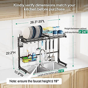 GSlife Over The Sink Dish Drying Rack - Adjustable (26.3"-35") Dish Rack Over Sink with Upper Dual Bars, 3 Baskets, Hooks, Cutlury Holder, Large Dish Drainer Drying Rack for Kitchen Sink, Black